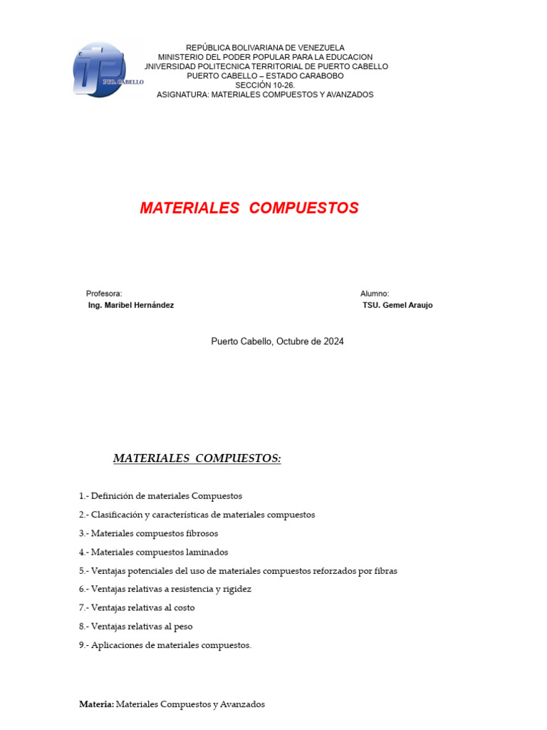 Ventajas y Aplicaciones de Materiales Compuestos | PDF | Material compuesto | Sector secundario ...