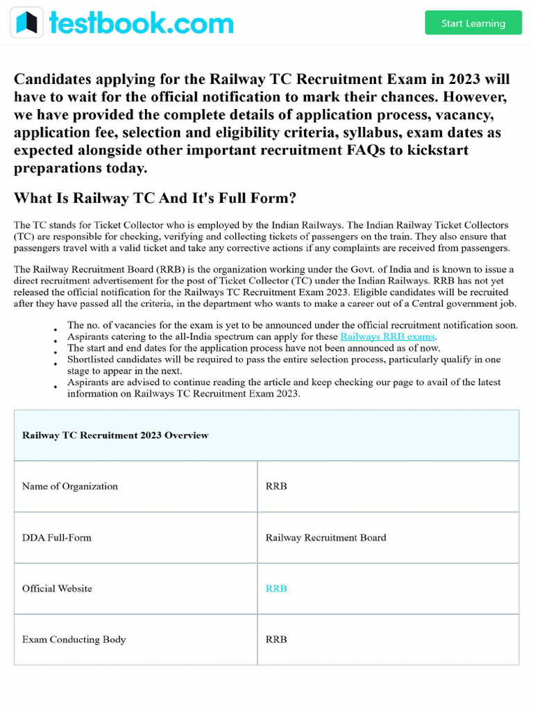 Railway TC Recruitment 2023exam Info | PDF