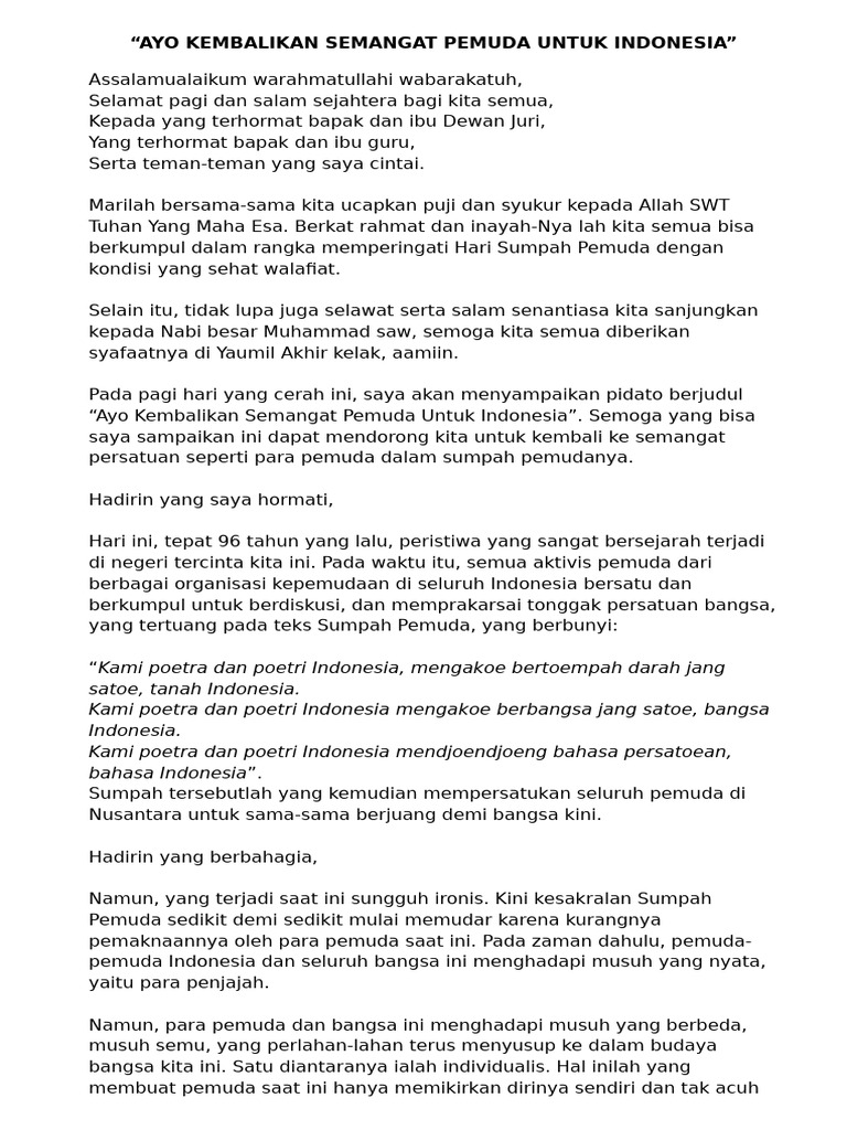 Pidato Lomba Tema Sumpah Pemuda (KLS 6) Revisi | PDF