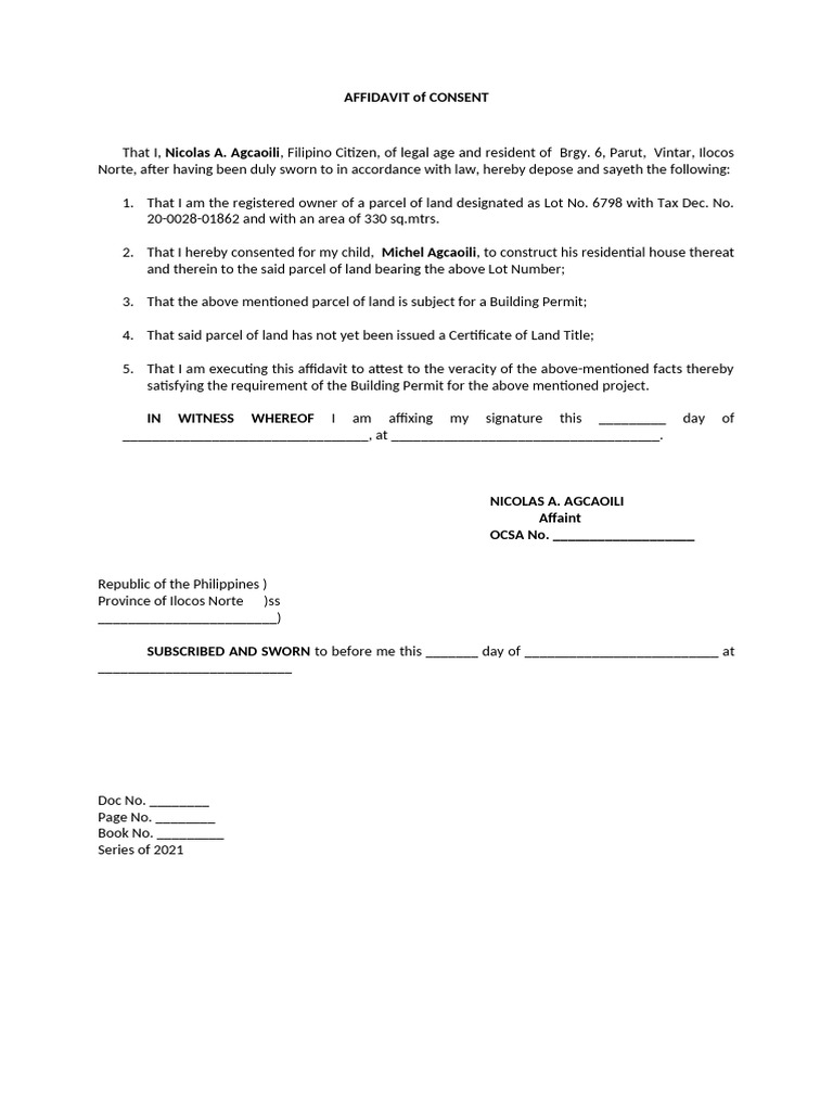 Affidavit of Consent for Building Permit | PDF