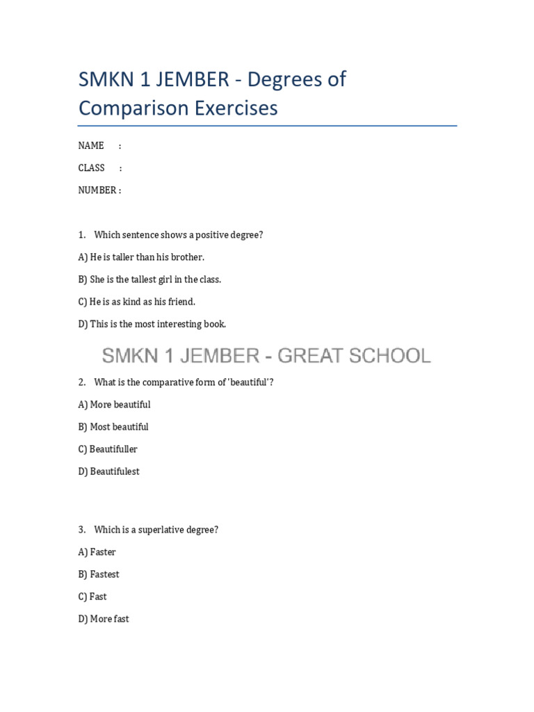 Degrees of Comparison Questions SMKN (1) Watermark | PDF