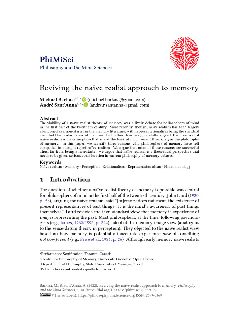 Reviving The Naïve Realist Approach To Memory | PDF | Experience ...