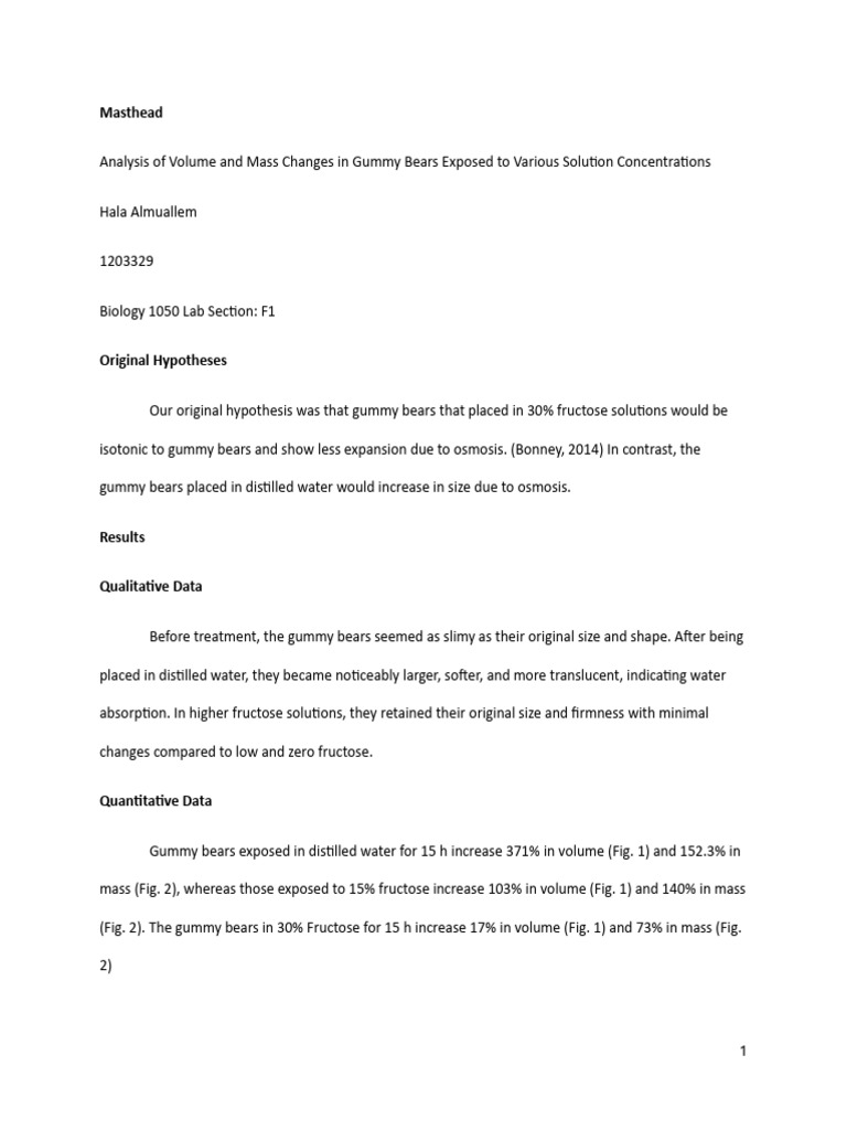 Analysis of Volume and Mass Changes in Gummy Bears Exposed To Various ...