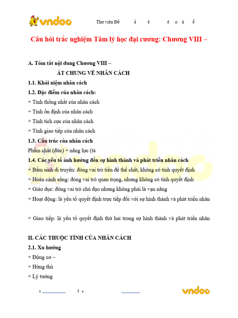 Cau Hoi Trac Nghiem Tam Ly Hoc Dai Cuong Chuong 8 | PDF