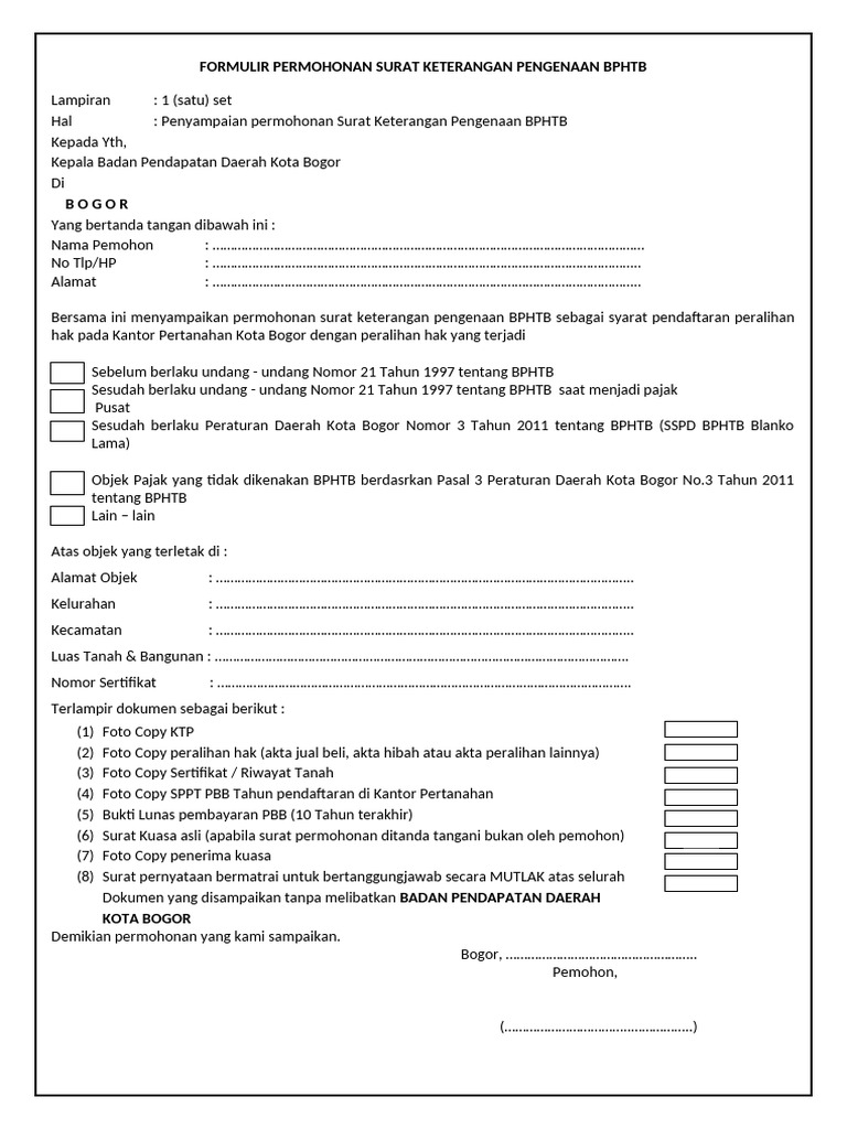 Formulir Permohonan Surat Keterangan Pengenaan BPHTB | PDF