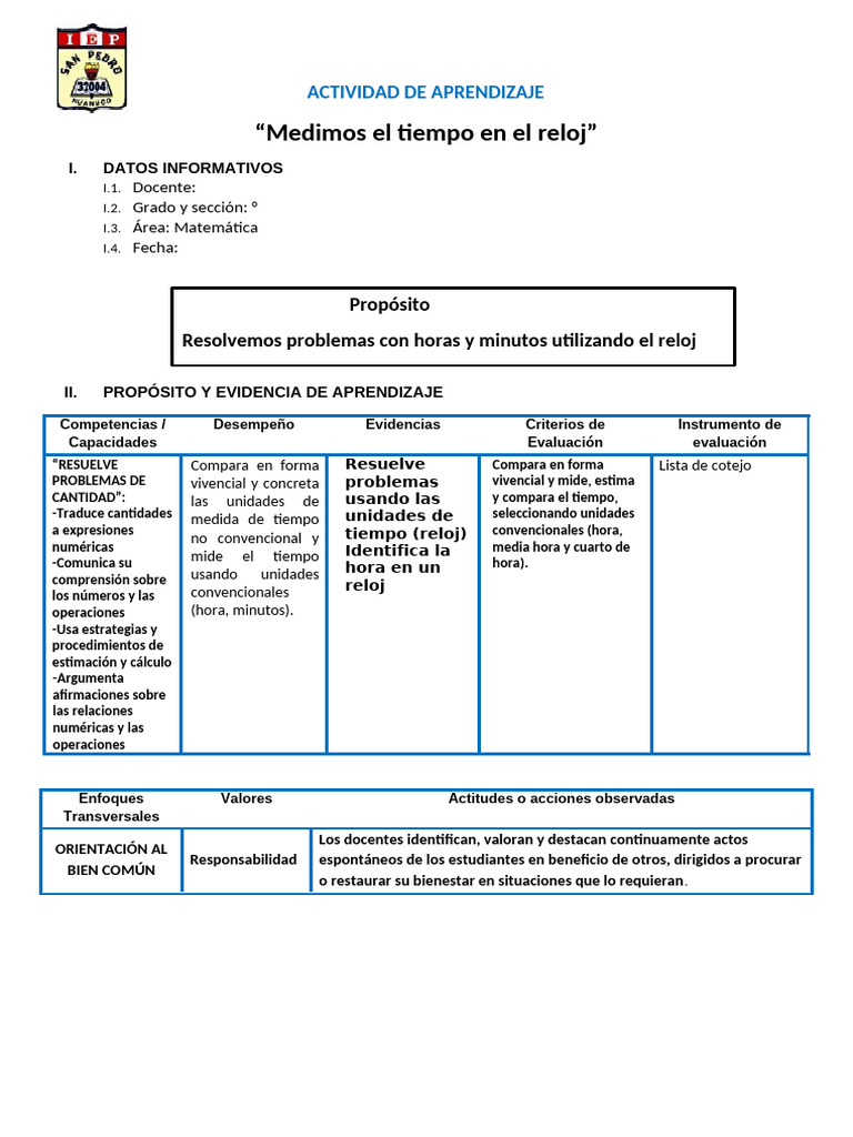 MEDIMOS EL TIEMPO CON EL RELOJnuevo202444 | PDF | Evaluación | Aprendizaje