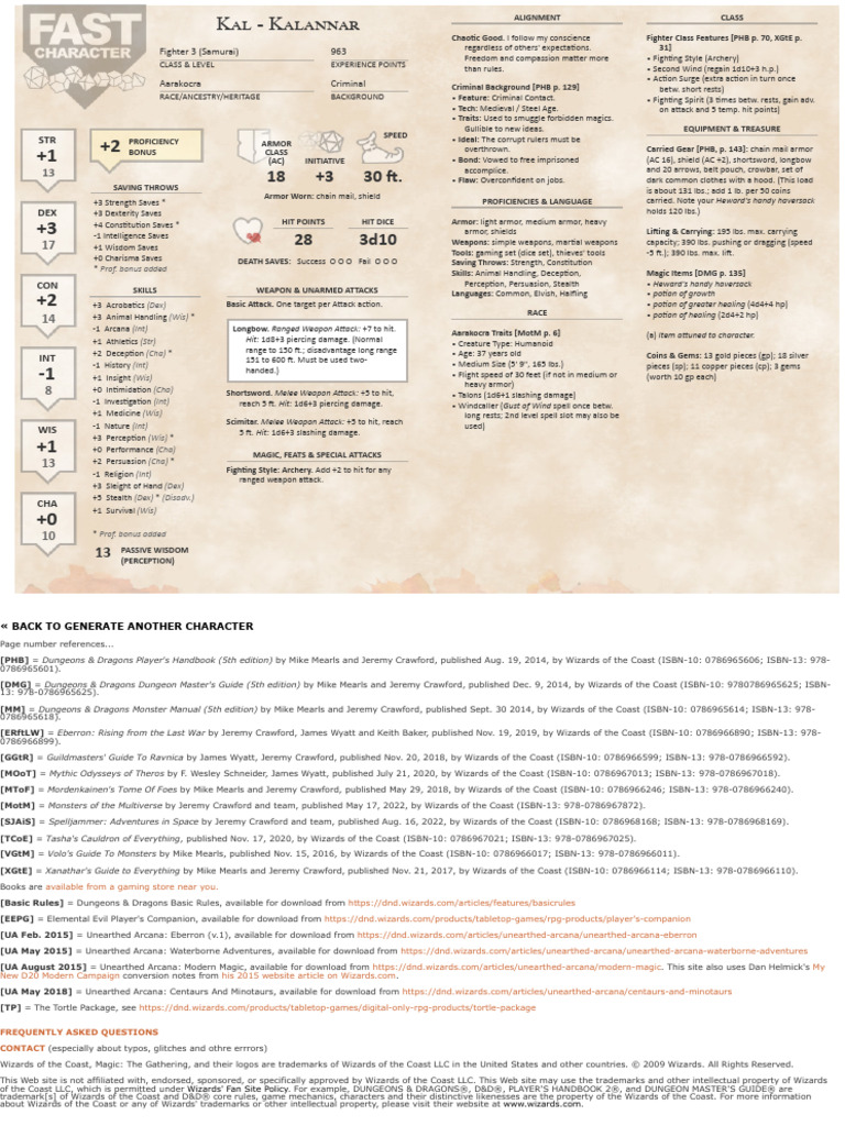 Fast Character - D&D Character Maker - Aarakocra Fighter 3 (Samurai ...