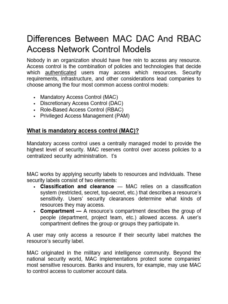 Differences Between MAC DAC and RBAC Access Network Control Models | PDF | Computer Access ...