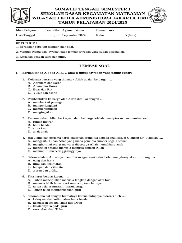 Soal STS I_PAK_Kls 5_ Tp 2024_ 2025 | PDF
