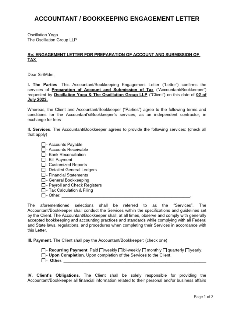 Accountant Bookkeeping Engagement Letter | PDF | Indemnity | Civil Law ...