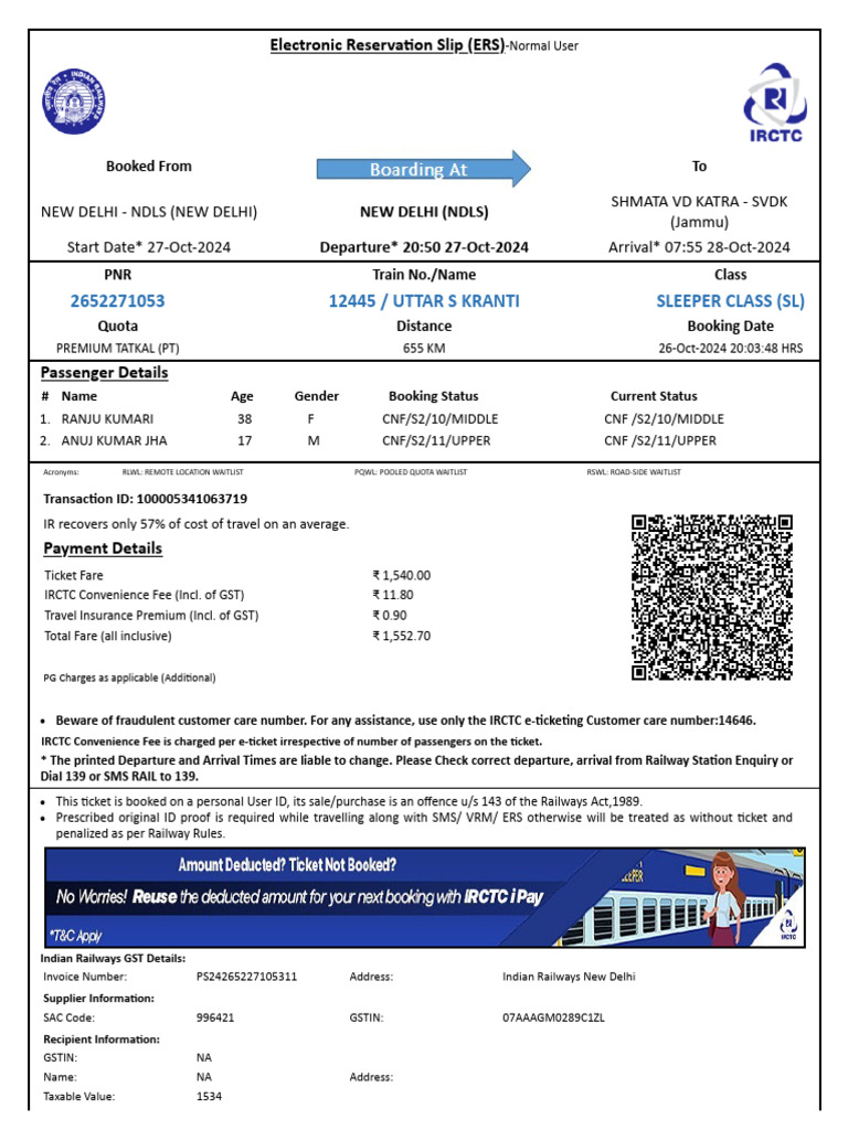 Uttar S Kranti Sleeper Class (SL) : Electronic Reserva On Slip (ERS ...