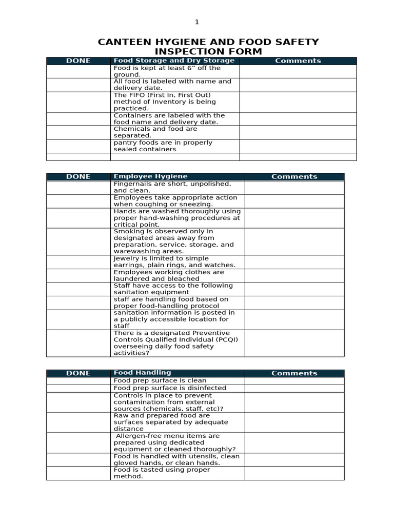 Canteen Hygiene & Food Safety Checklist | PDF | Refrigerator | Hygiene