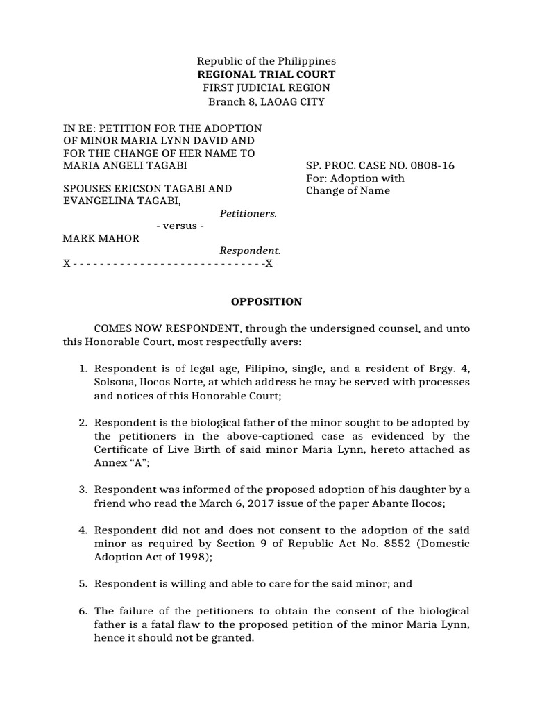 Sample Opposition Father (Adoption Case) | PDF | Practice Of Law | Justice