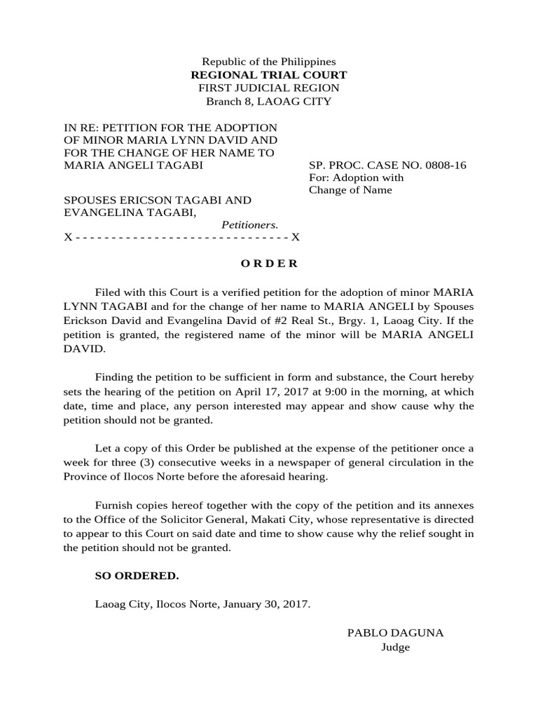 Sample Order of Hearing (Adoption Case) | PDF | Law