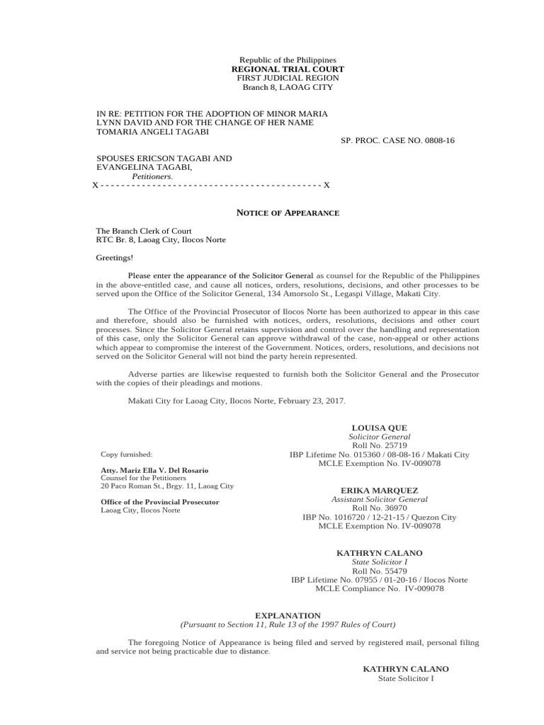 Notice of Appearance for Adoption Case | PDF | Government | Courts
