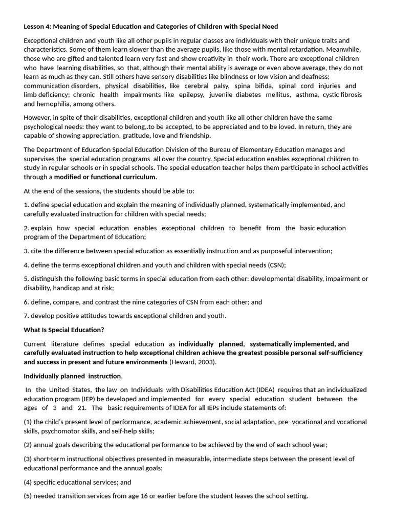 LESSON 4 Meaning of Special Education and Categories of Children With ...