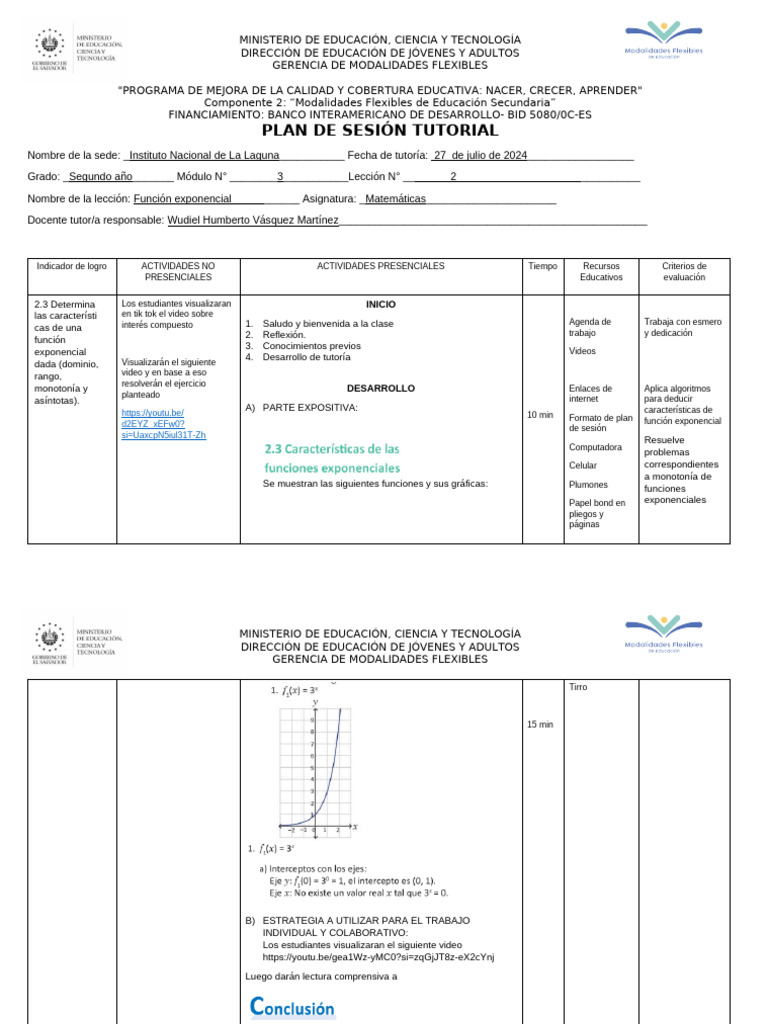 Plan de Sesión: Función Exponencial en Matemáticas | PDF | Evaluación ...
