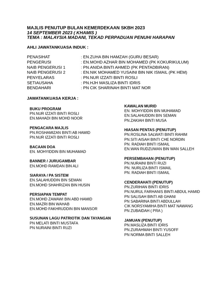 Ajk Kerja Penutup Merdeka 2023 | PDF