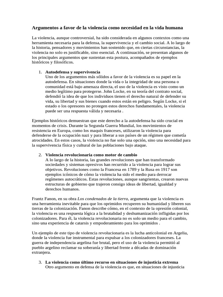 Argumentos A Favor de La Violencia Como Necesidad en La Vida Humana | PDF | Violencia | Estado ...