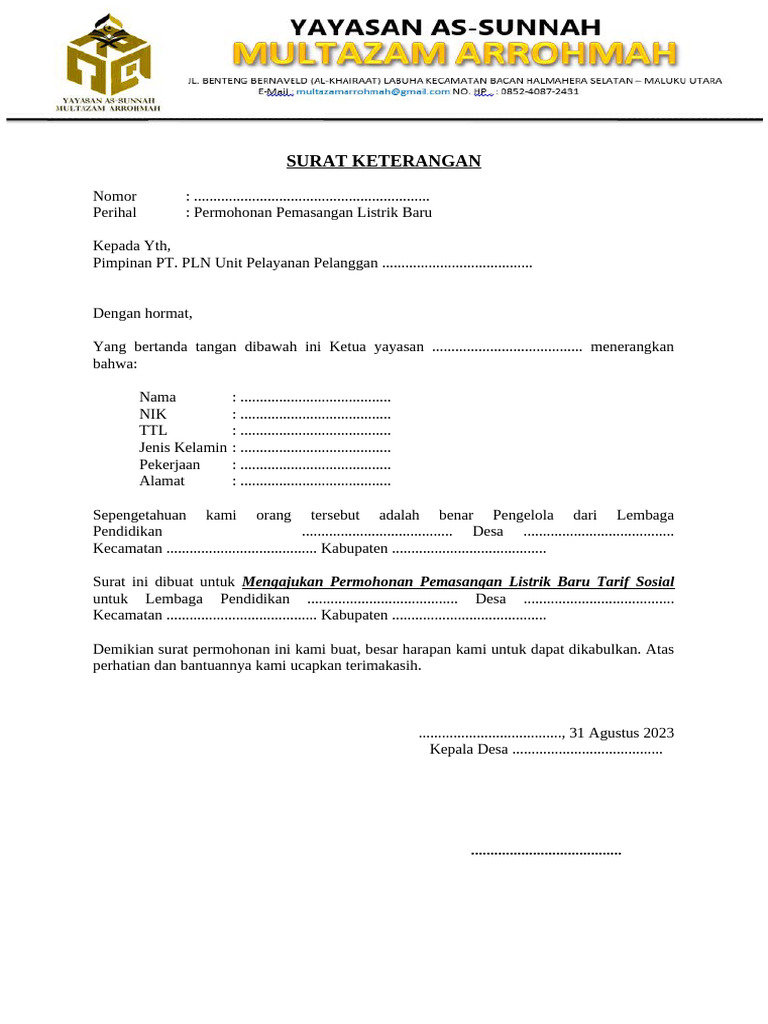 Contoh Surat Permohonan Tarif Sosial PLN | PDF | Griya & Taman