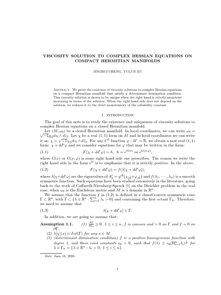 0603 Viscosity Solution To Hessian Equation | PDF | Function ...