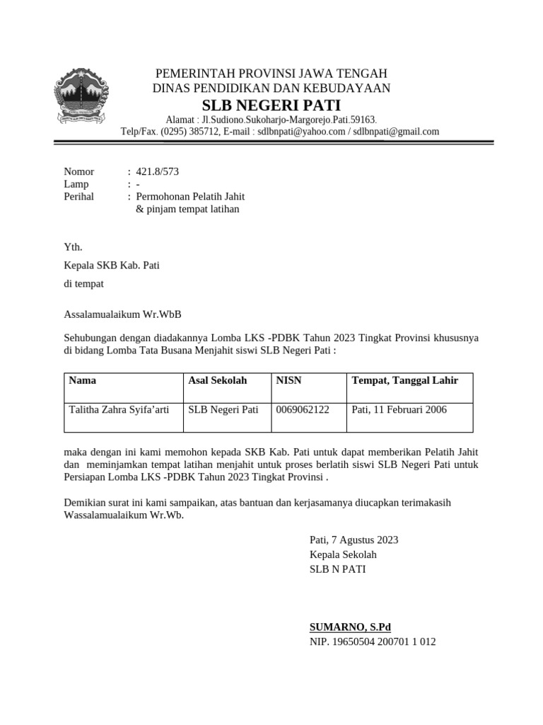 Surat Permohonan Pelatih Jahit | PDF