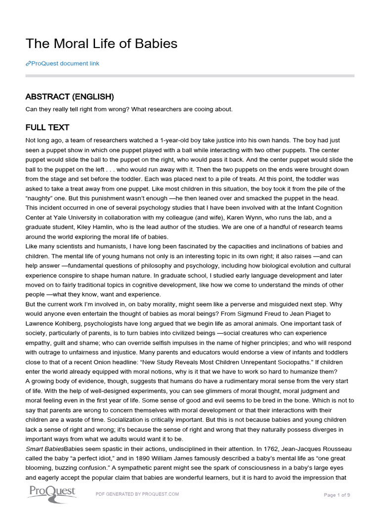 Baby Morality: Early Moral Sense | PDF | Morality | Evolution