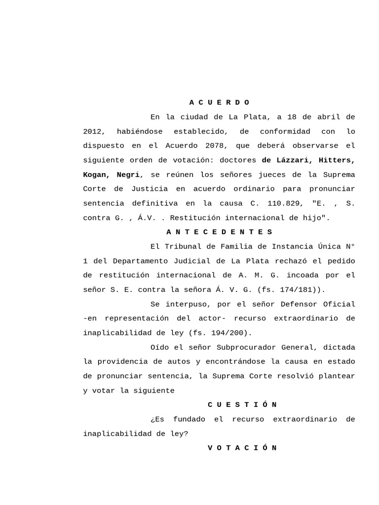 FALLO E., S. vs. G., A. V. S. Restitución Internacional de Hijo, SCBA ...