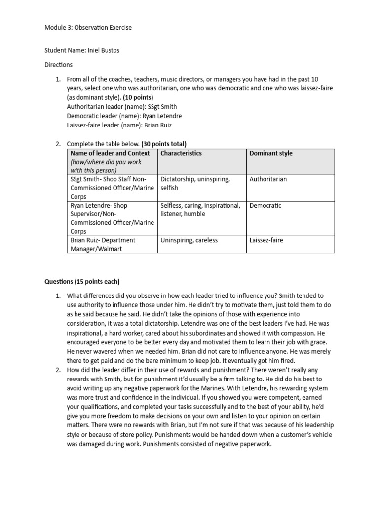 3.4 Observation Exercise | PDF | Leadership | Psychology