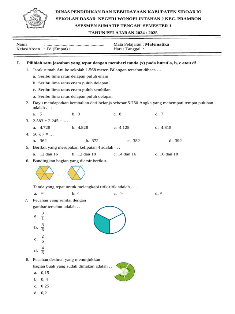 Soal Kelas 4 Ats 1 Matematika 2024-2025 Fix | PDF