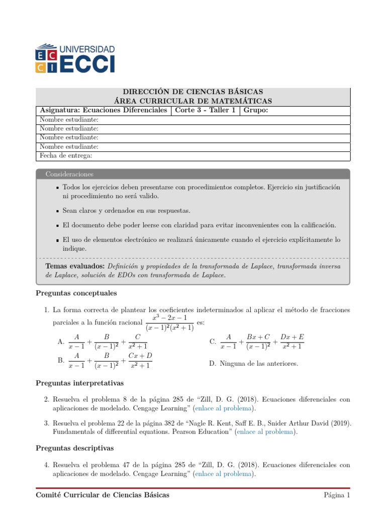 ECCI EDO Corte 3 Taller 1 | PDF | Ecuaciones | Ecuación diferencial ordinaria