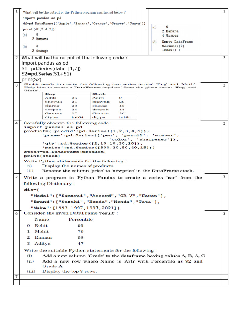 Dataframe and Series Test | PDF