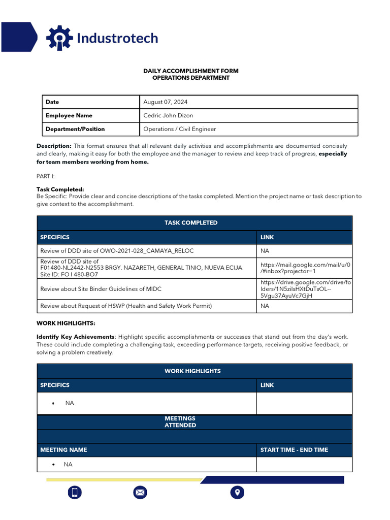 Accomplishment Task Report Aug 07 Pdf Business