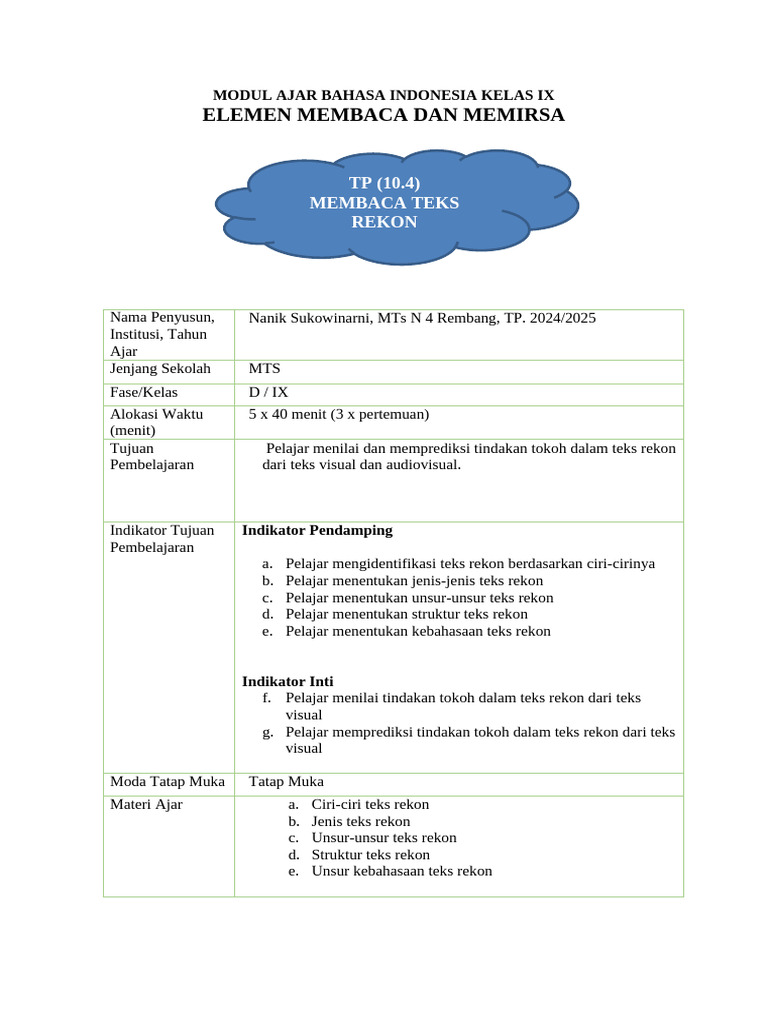 Modul Ajar Teks Rekon Kls 9 | PDF | Karier & Perkembangan | Seni ...