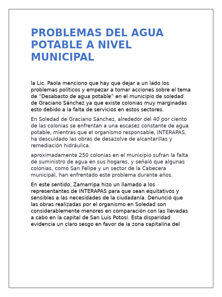 Problemas Del Agua Potable A Nivel Municipal | PDF | Ciencias sociales