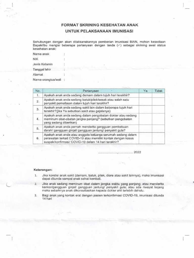 Format Screening Untuk Imunisasi | PDF