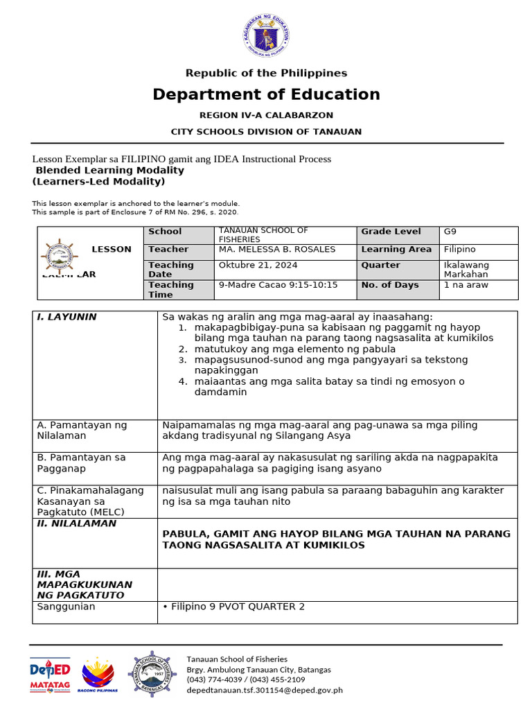 Final Revising Pabula Week 6 Lesson Plan Oct.14!18!2024 | PDF