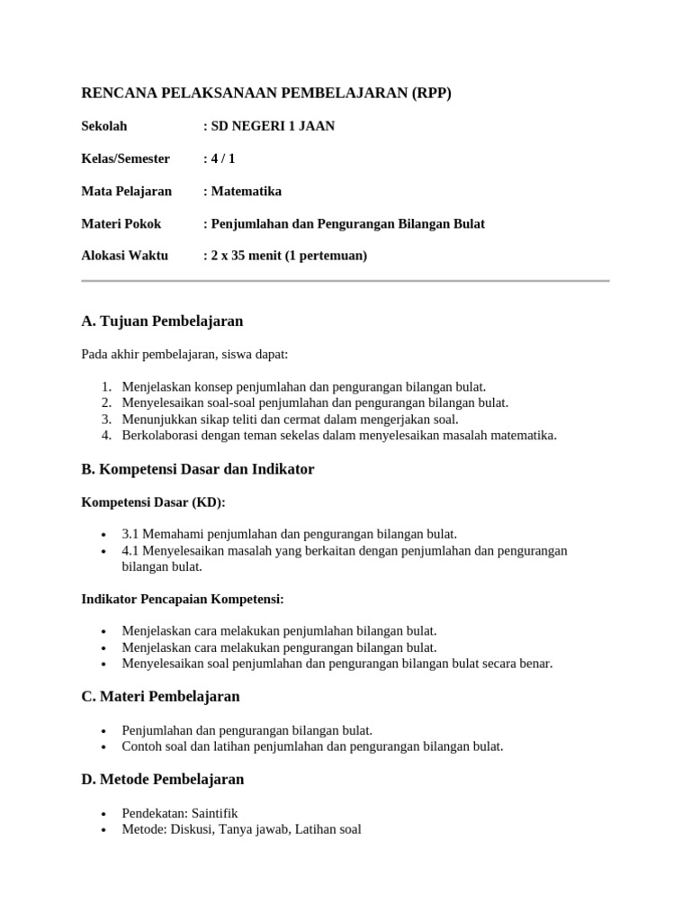 RPP MAT KLS4 SEM1 - Penjumlahan Dan Pengurangan Bilangan Bulat | PDF | Karier & Perkembangan