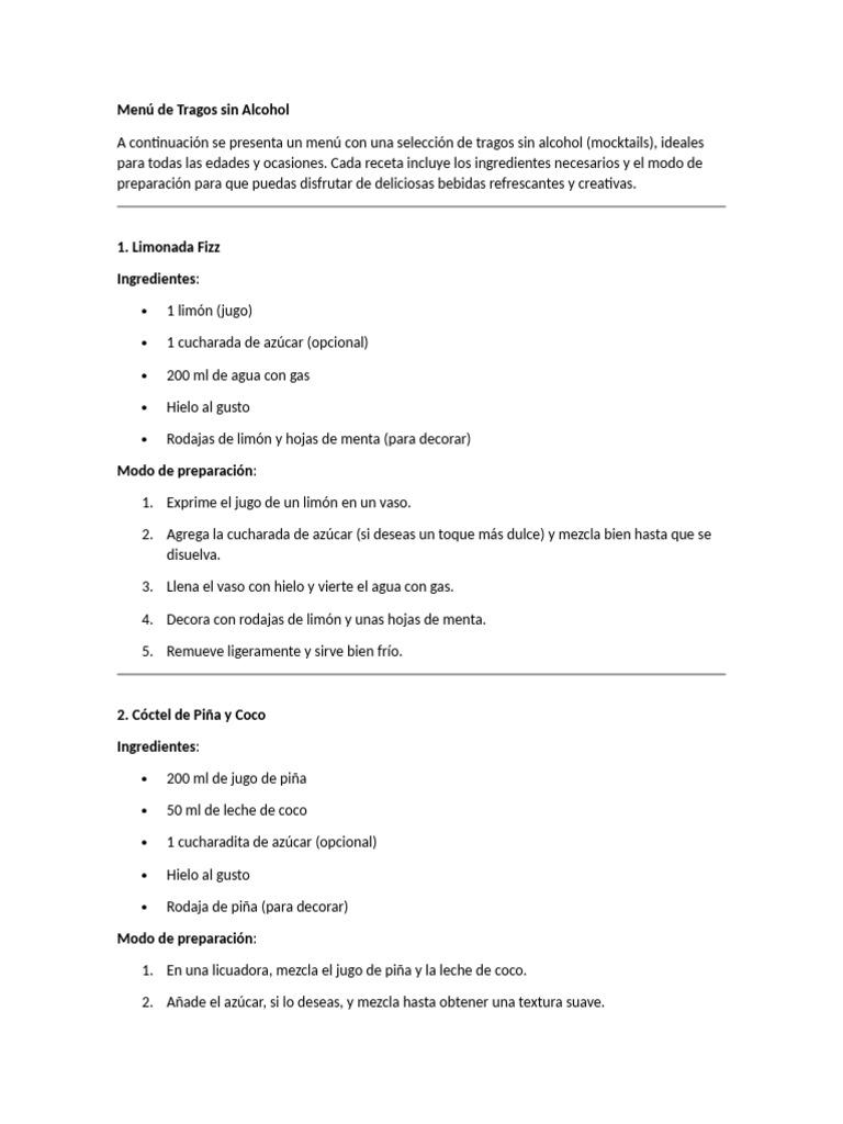 Menú de Tragos Sin Alcohol | PDF | Bebida | Alimentos