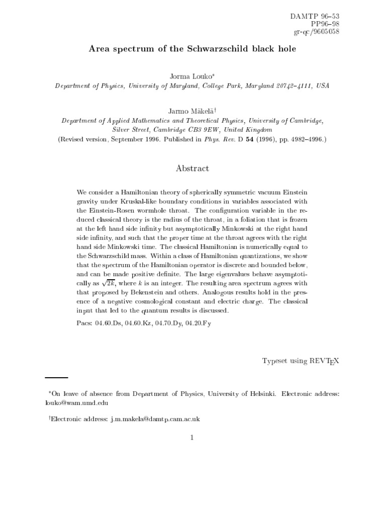 Jorma Louko and Jarmo Makela - Area Spectrum of The Scharzschild Black ...