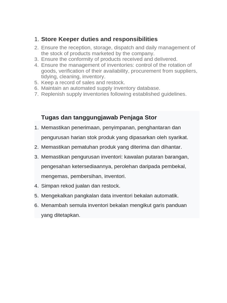 Store Keeper Duties and Responsibilities | PDF