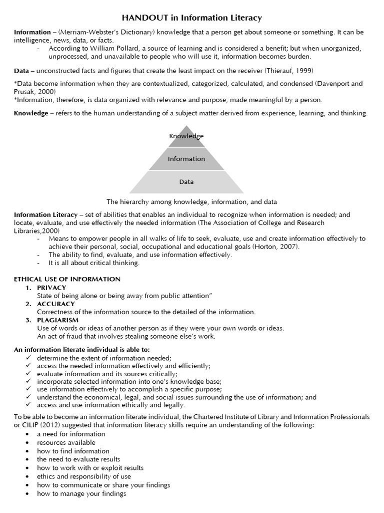 MIL Handout - Information Literacy | PDF | Information | Data