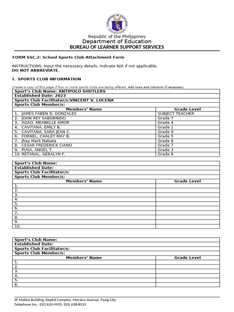 FORM SSC.2 School Sports Club Attachment Form v1 AIS | PDF