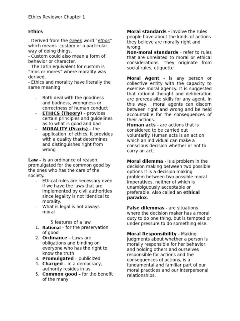 Ethics Lesson 1 Reviewer | PDF | Morality | Social Psychology