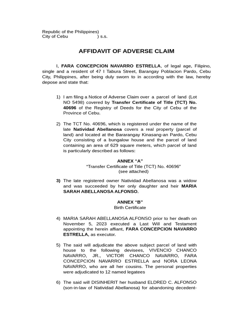 Adverse Claim by Fara Estrella | PDF | Affidavit | Will And Testament