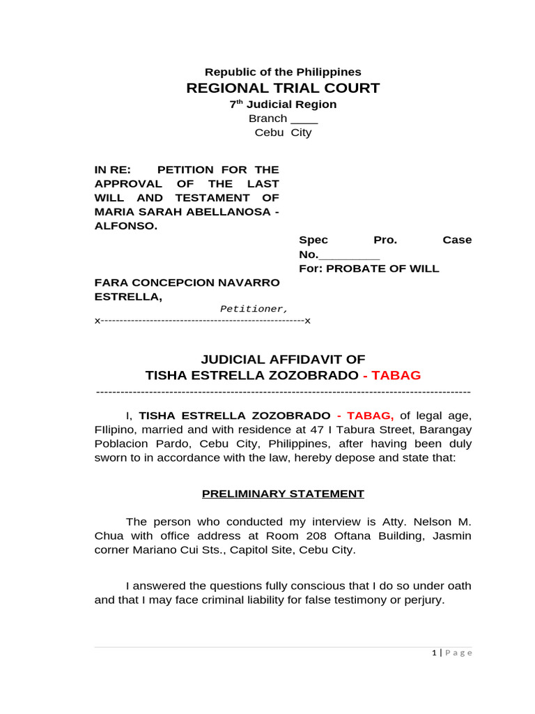Judicial Affidavit - Probate - Abellanosa.alfonso - Tisha.zozobrado - Tabag | PDF | Will And ...