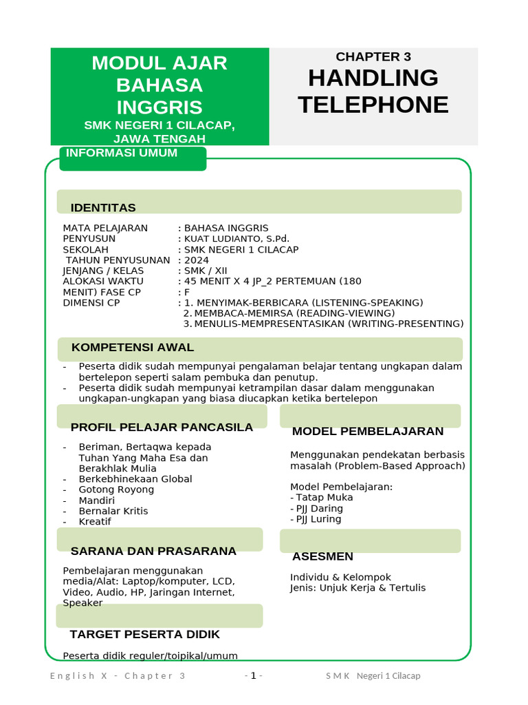 MODUL AJAR XII - 7 Handling Telephone.24 - 25 | PDF