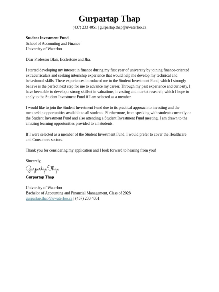 Finance Student's Application | PDF | Career & Growth | Business