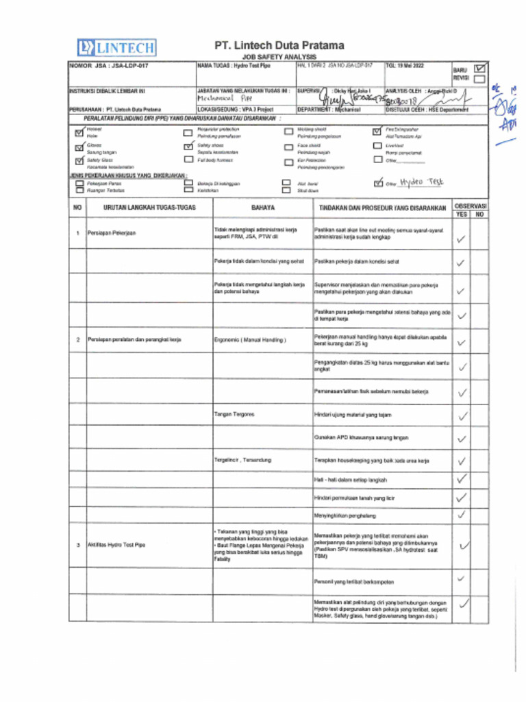 JSA Hydro Test Approved | PDF