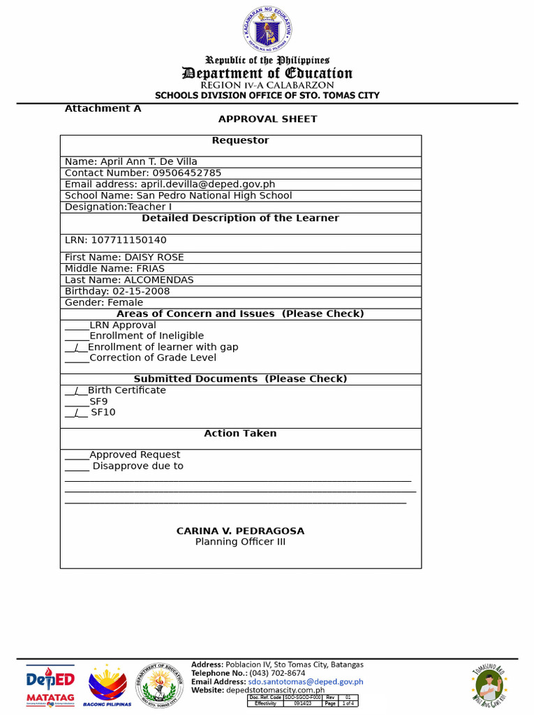 SPNHS - ALCOMENDAS, DAISY ROSE, FRIAS - Enrolment With Gap | PDF